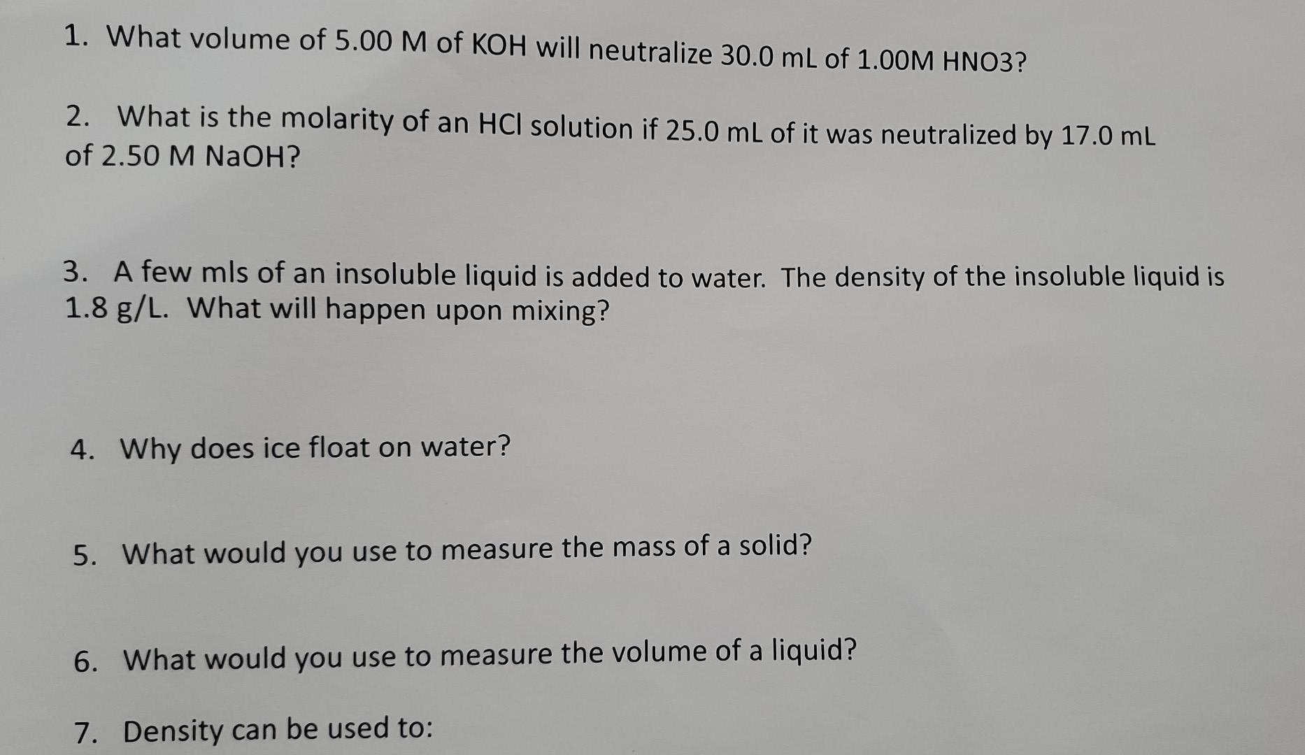 Solved 1. What volume of 5.00M of KOH will neutralize 30.0 | Chegg.com