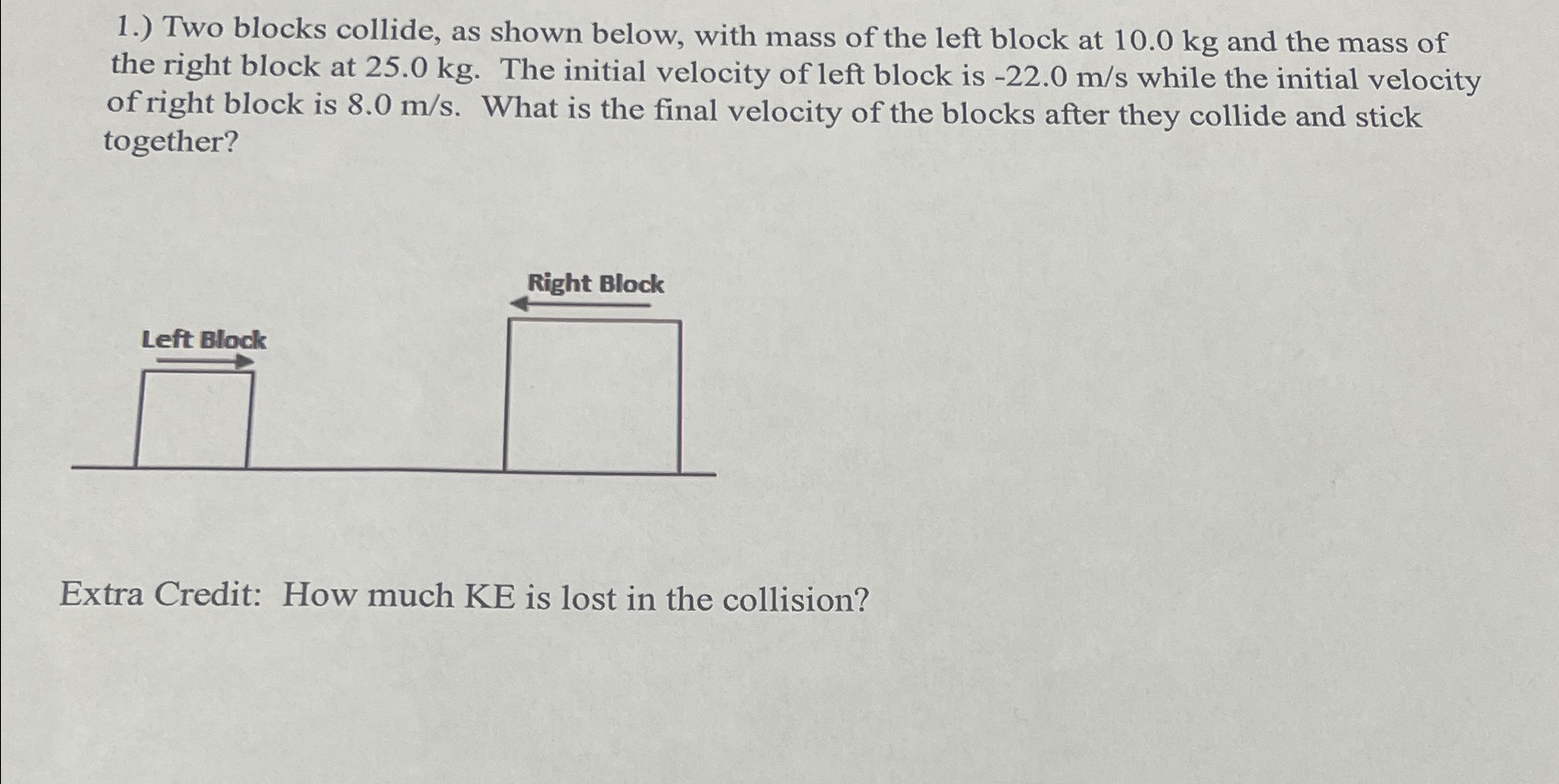 Solved 1.) ﻿Two blocks collide, as shown below, with mass of | Chegg.com