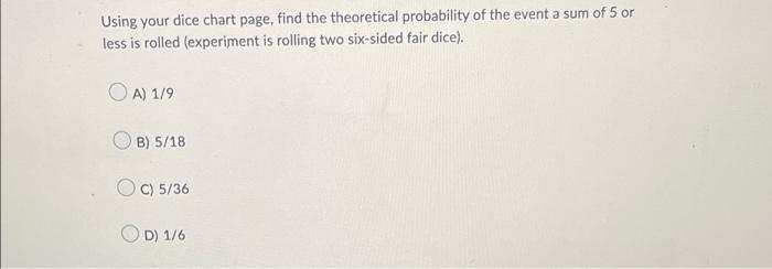 Solved Using your dice chart page, find the theoretical | Chegg.com