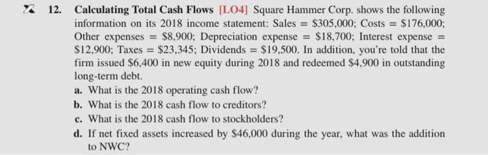 Solved 12. Calculating Total Cash Flows [LO4] Square Hammer | Chegg.com