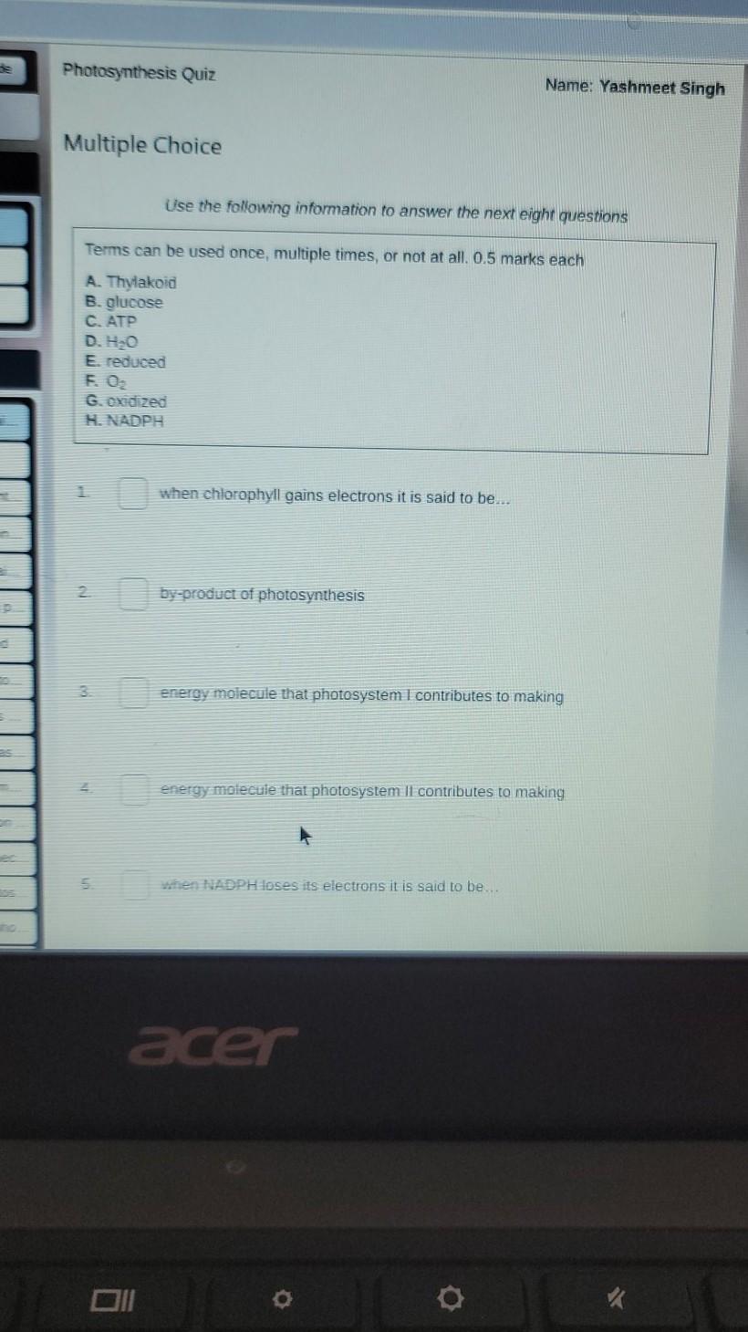 Solved C. ATP D. H20 E. reduced F. O2 G. oxidized H. NADPH | Chegg.com