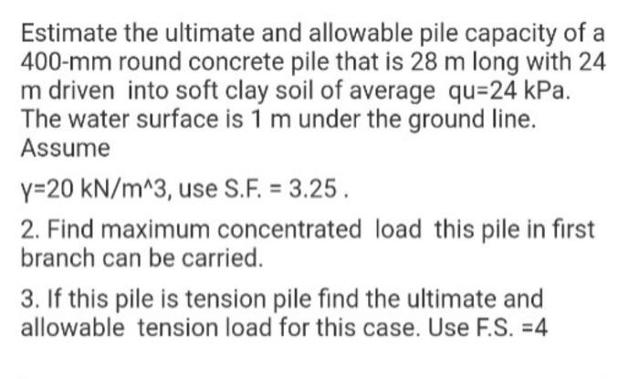 Solved Estimate the ultimate and allowable pile capacity of | Chegg.com