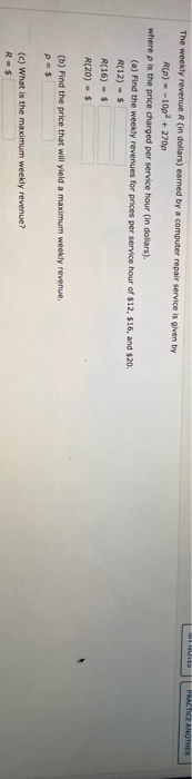 Solved mi PRALICE ANOTHER The weekly revenue R (in dollars) | Chegg.com