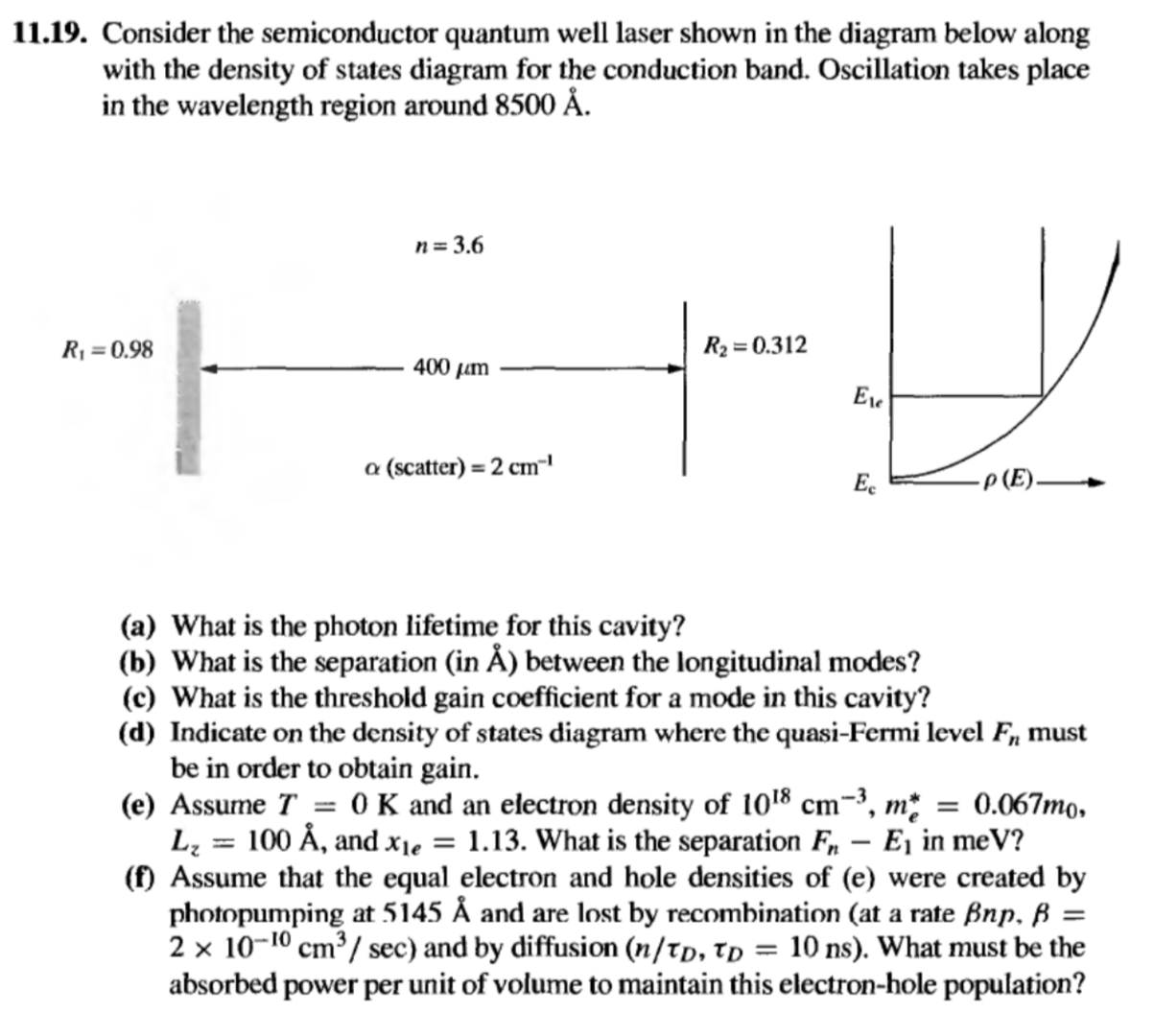 Solved 11.19. ﻿Consider the semiconductor quantum well laser | Chegg.com