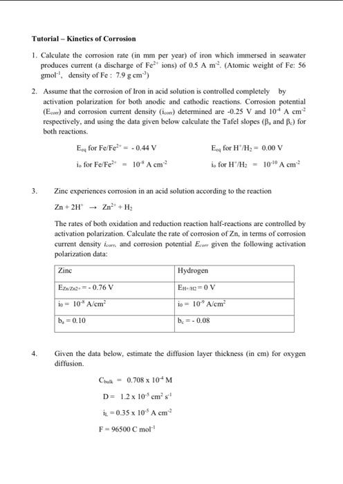 Solved Tutorial - Kinetics of Corrosion 1. Calculate the | Chegg.com