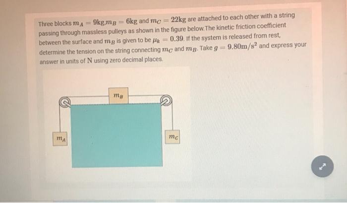 Solved Three blocks mA=9 kg,mB=6 kg and mC=22 kg are | Chegg.com