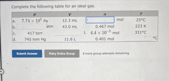 Solved Complete the following table for an ideal gas. 8 more | Chegg.com