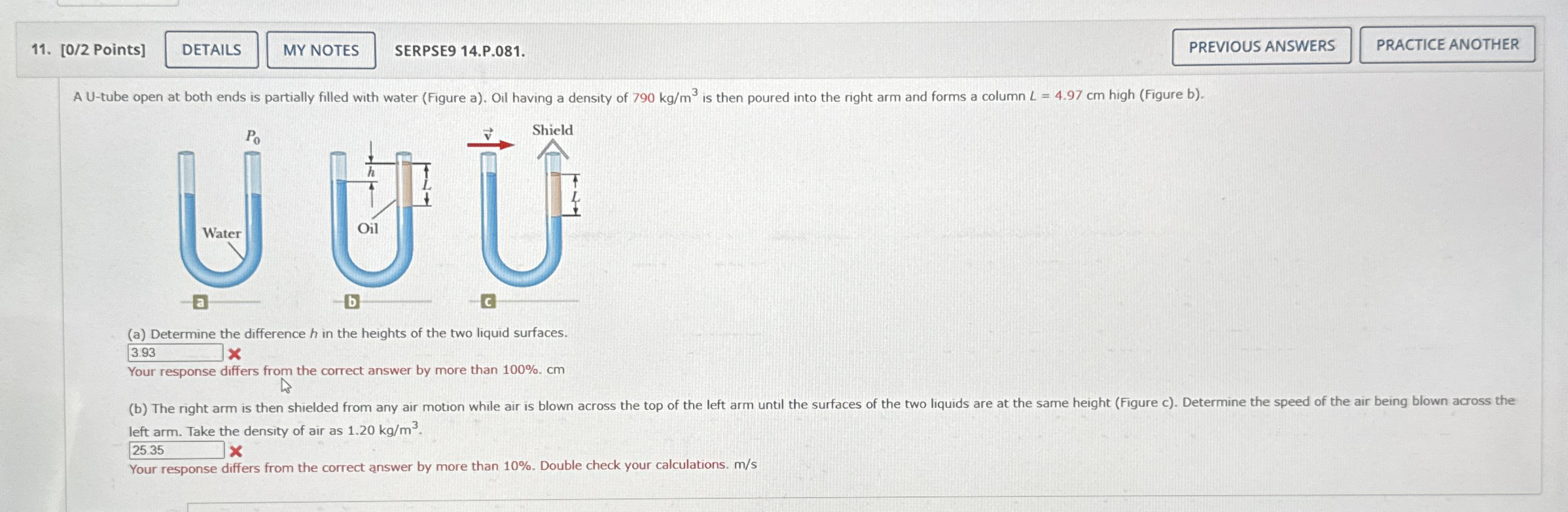 Solved [0/2 ﻿Points] ﻿SERPSE9 14.P.081.A U-tube open at | Chegg.com
