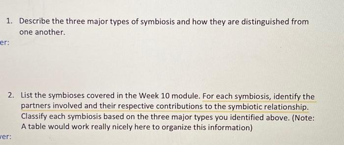 Solved 1. Describe the three major types of symbiosis and | Chegg.com