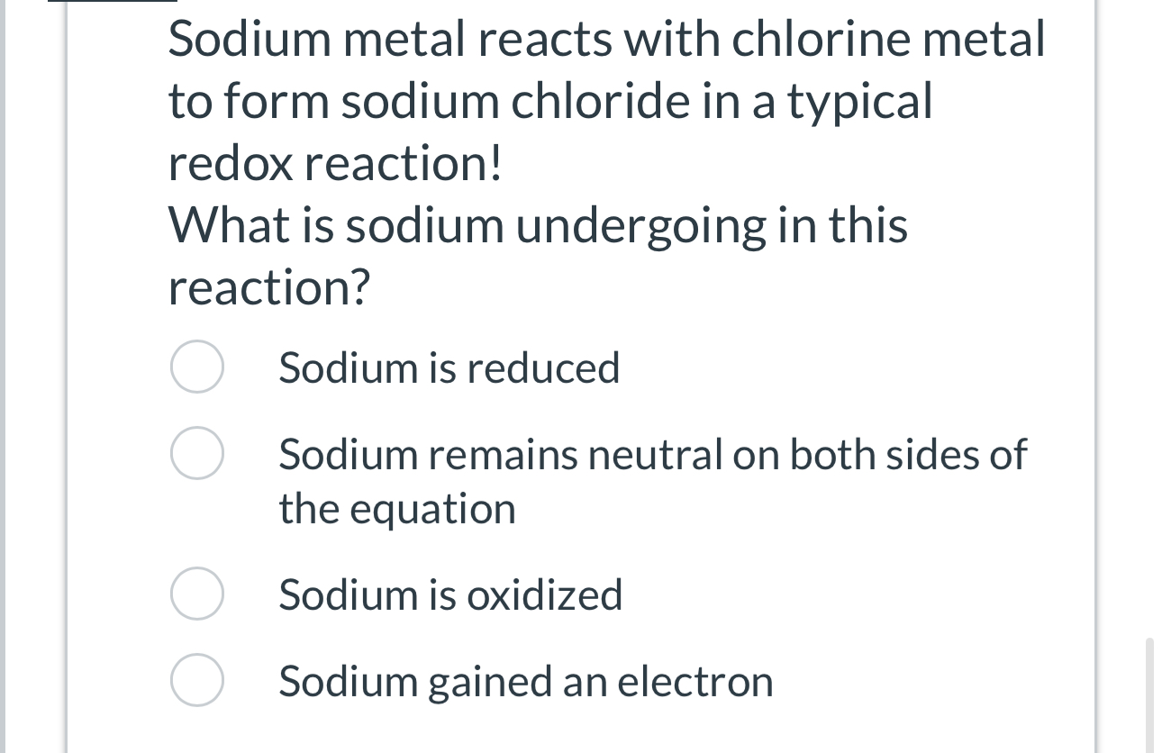 Solved Sodium metal reacts with chlorine metalto form sodium | Chegg.com