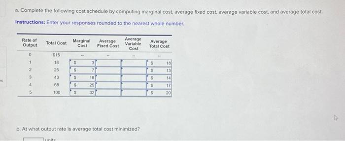 Solved a. Complete the following cost schedule by computing | Chegg.com