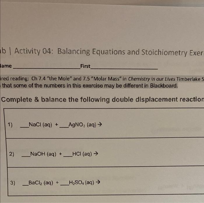 Solved ab Activity 04: Balancing Equations and Stoichiometry | Chegg.com