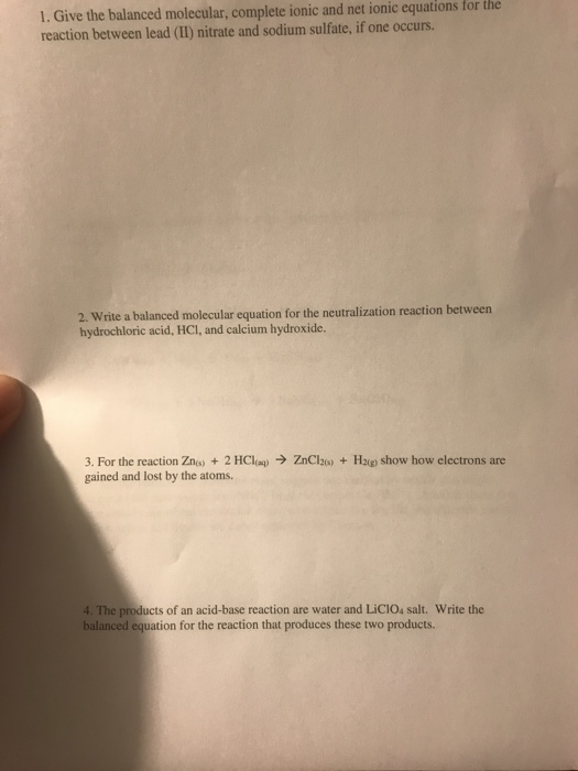 Solved 1. Give the balanced molecular, complete ionic and | Chegg.com