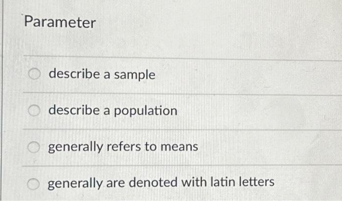 Solved Parameter describe a sample describe a population | Chegg.com Solved Parameter describe a sample describe a population | Chegg.com
