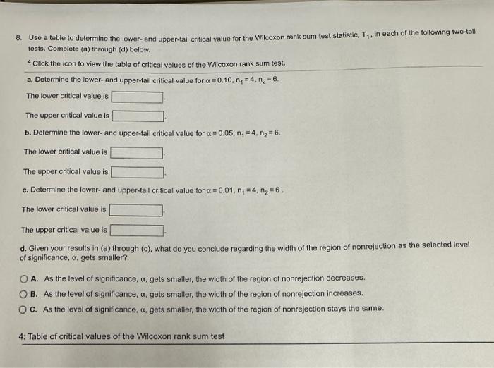 Solved 8. Uso a table to determine the lower-and upper-tail | Chegg.com