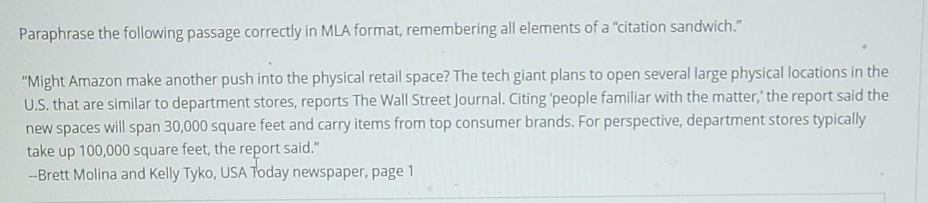 Paraphrase the following passage correctly in MLA | Chegg.com