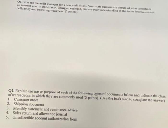 Solved Q1. You are the audit manager for a new audit client. | Chegg.com
