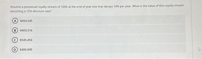 Solved Assume a perpetual royalty stream of 100 K at the end | Chegg.com