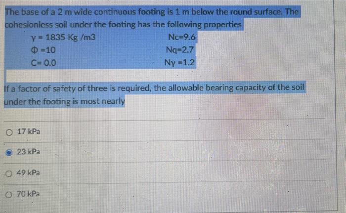 Solved The base of a 2 m wide continuous footing is 1 m | Chegg.com