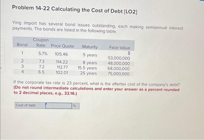 Solved Problem 14-22 Calculating the Cost of Debt [LO2) Ying | Chegg.com