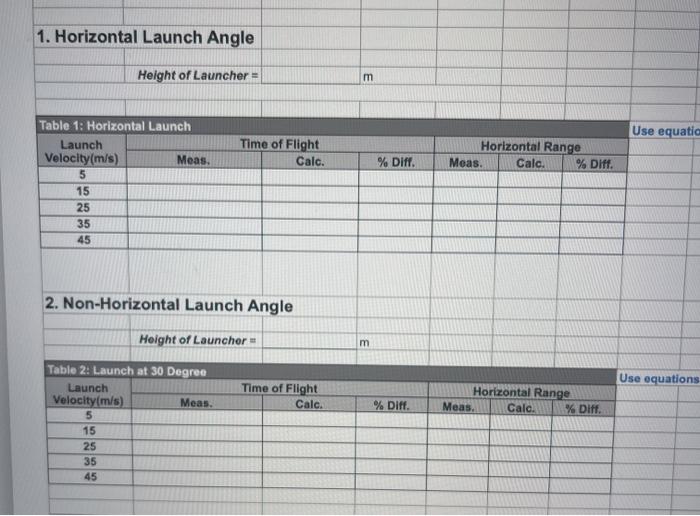 1. Horizontal Launch Angle Height of Launcher m Use | Chegg.com