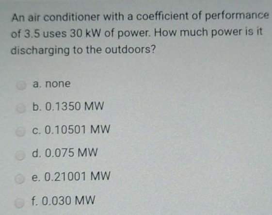 Solved An air conditioner with a coefficient of performance | Chegg.com