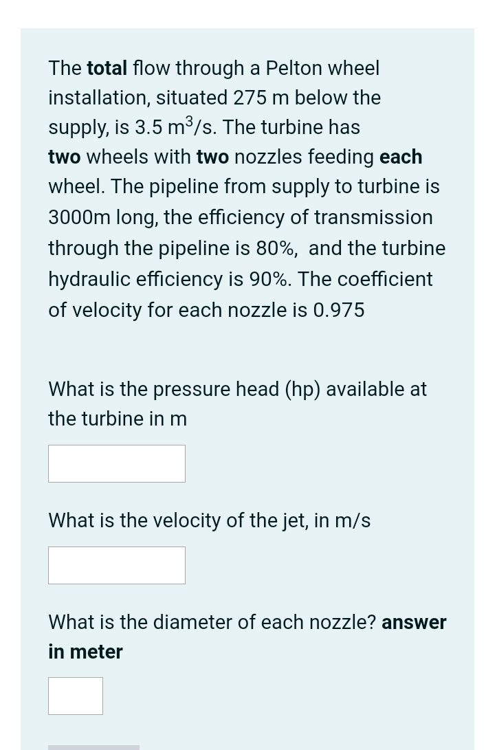 Solved The total flow through a Pelton wheel installation, | Chegg.com