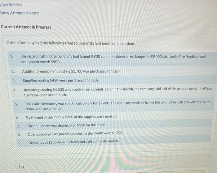 Solved Oriole Company had the following transactions in its | Chegg.com