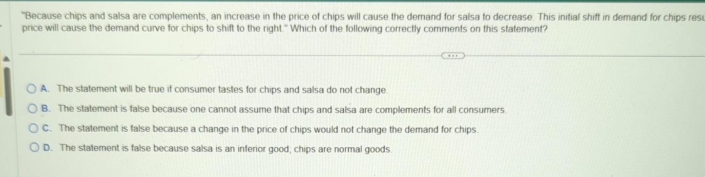 Solved "Because chips and salsa are complements, an increase | Chegg.com