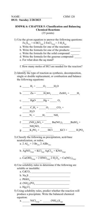 Solved HMWK 6: CHAPTER 5: Classification and Balancing | Chegg.com
