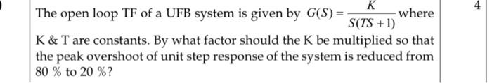 Solved 4 K The open loop TF of a UFB system is given by G(S) | Chegg.com