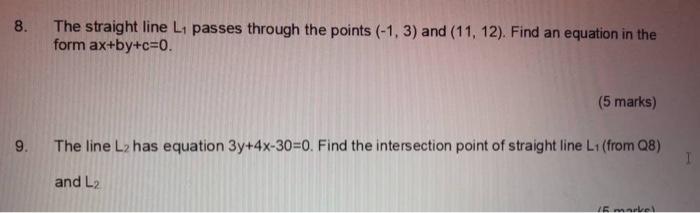 Solved 8. The straight line L1 passes through the points | Chegg.com