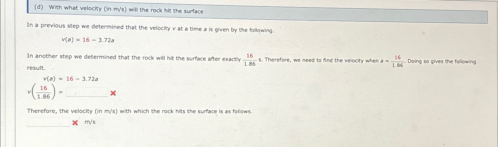 Solved (d) ﻿With what velocity (in ms ) ﻿will the rock hit | Chegg.com