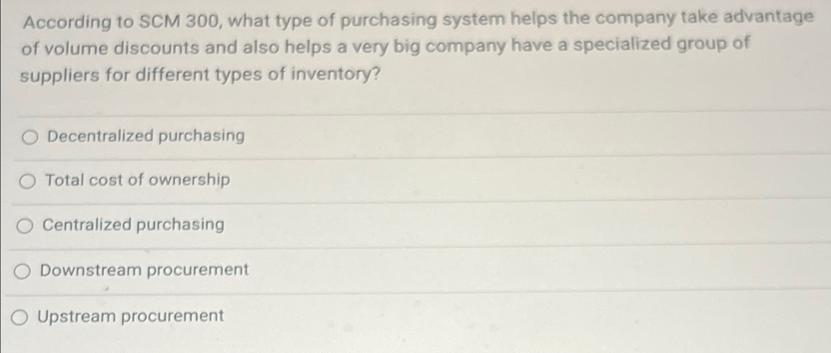 Solved According to SCM 300, ﻿what type of purchasing system | Chegg.com