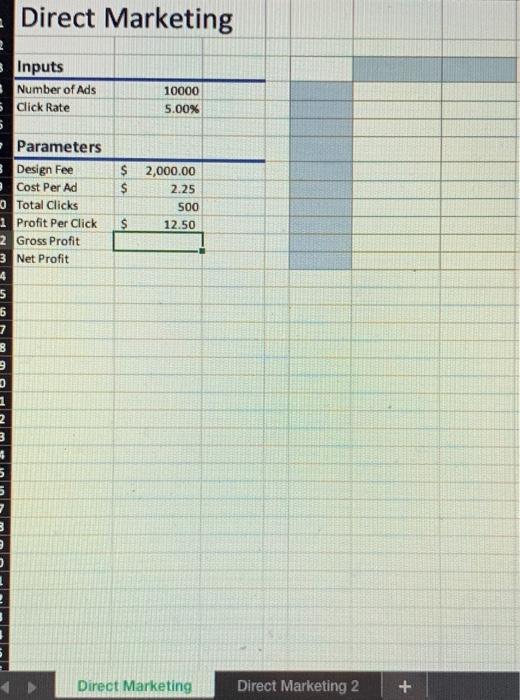 Solved On the Direct Marketing worksheet create appropriate | Chegg.com
