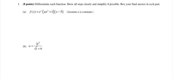 Solved 1. ( 8 points) Differentiate each function. Show all | Chegg.com