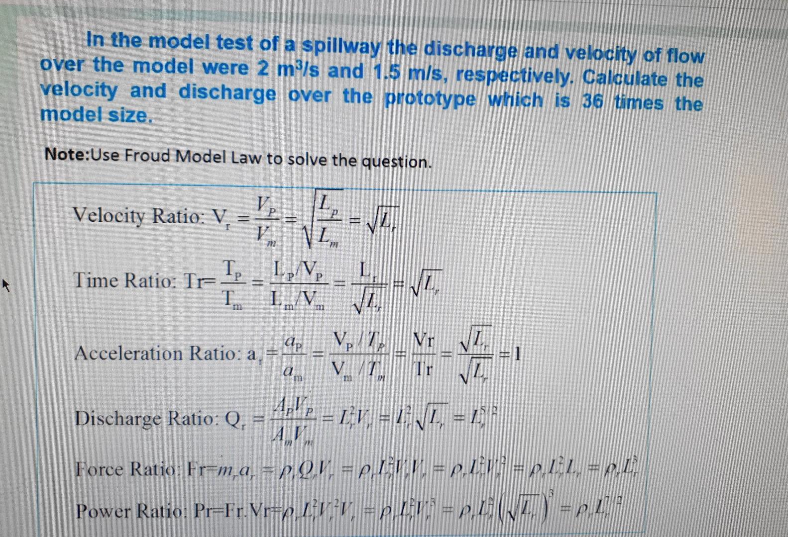 Solved In the model test of a spillway the discharge and | Chegg.com