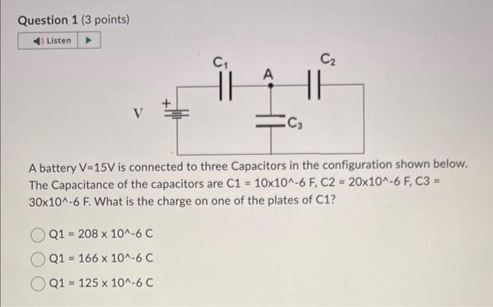 Solved A battery V=15 V is connected to three Capacitors in | Chegg.com