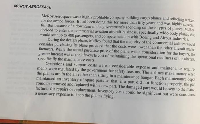 Solved MCROY AEROSPACE McRoy Aerospace was a highly | Chegg.com
