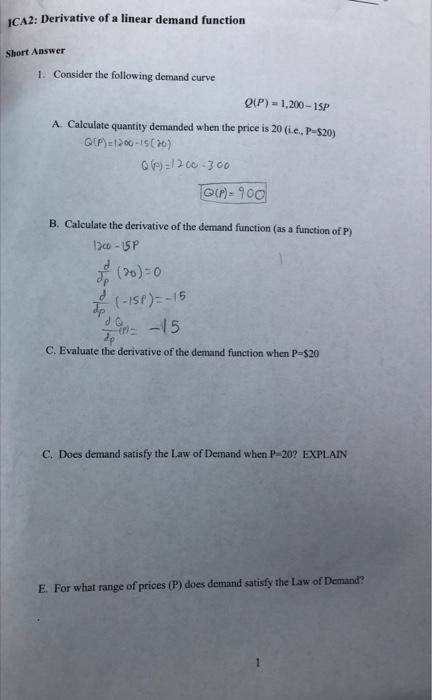 Solved ICA2: Derivative of a linear demand function Short | Chegg.com