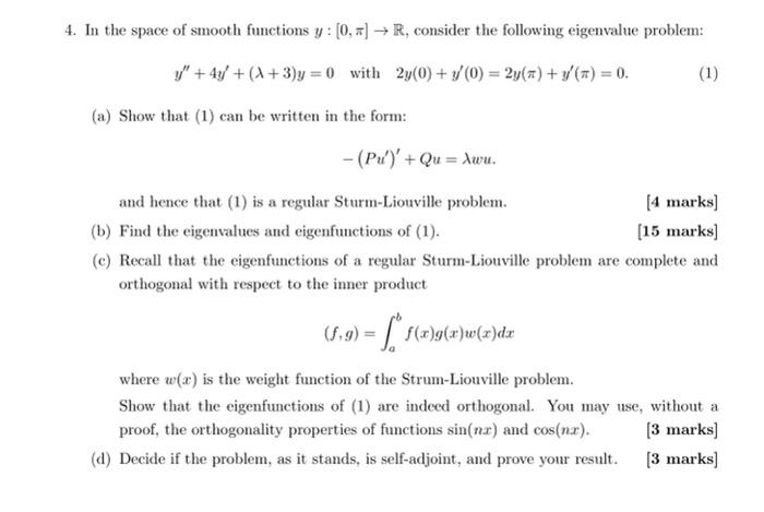 4. In the space of smooth functions y:[0,π]→R, | Chegg.com