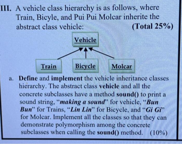 Solved III. A vehicle class hierarchy is as follows, where | Chegg.com