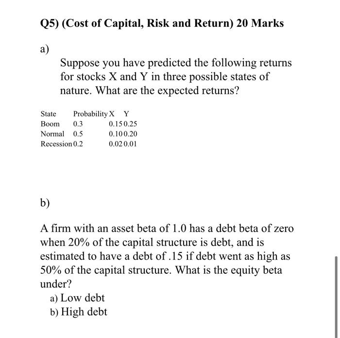 Solved Q5) (Cost of Capital, Risk and Return) 20 Marks a) | Chegg.com