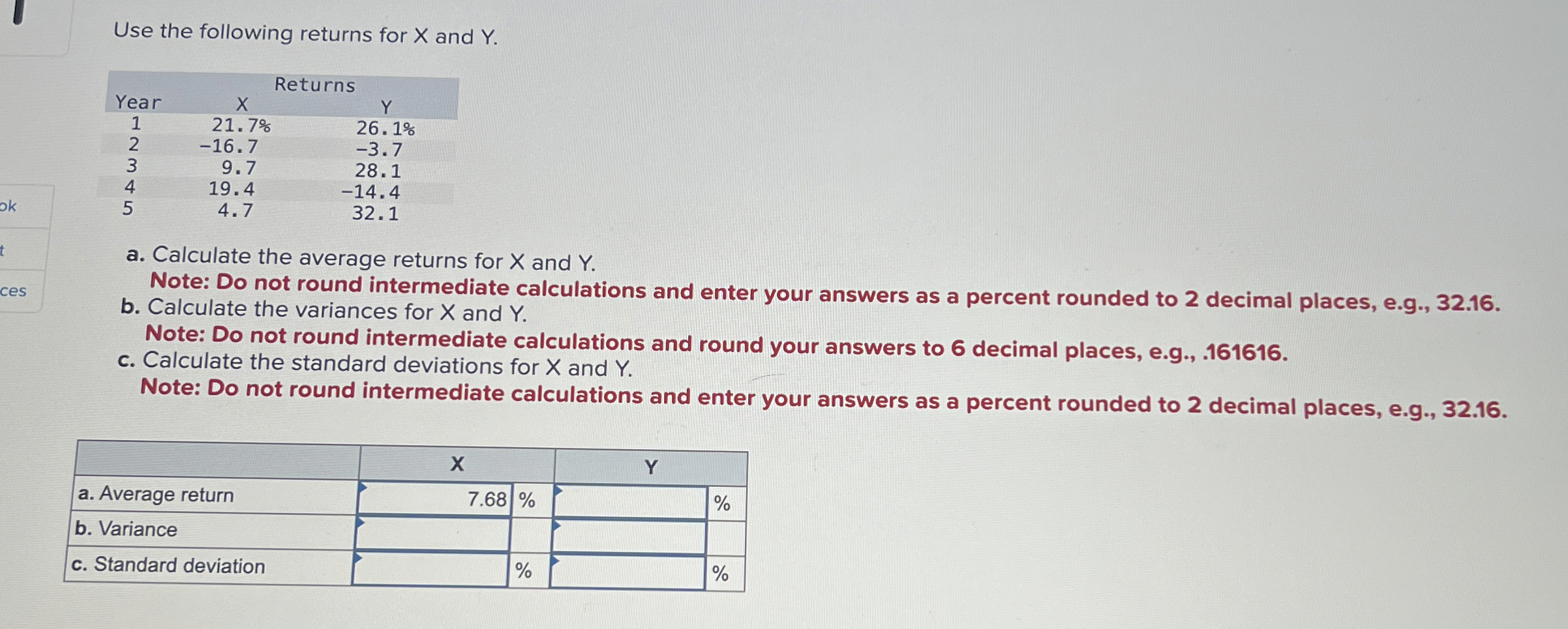 Solved Use the following returns for x ﻿and Y.a. ﻿Calculate | Chegg.com