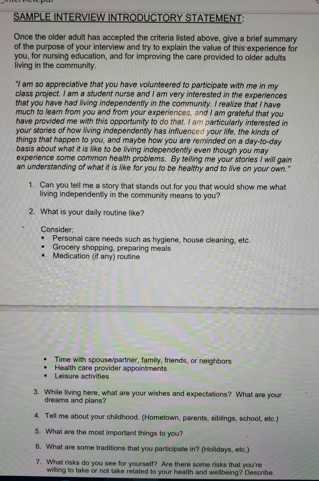 Solved SAMPLE INTERVIEW INTRODUCTORY STATEMENT: Once the | Chegg.com