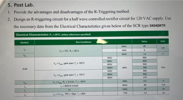 Solved 5. Post Lab. 1. Provide the advantages and | Chegg.com