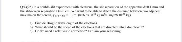 Solved Q:4)(25) In a double-slit experiment with electrons, | Chegg.com
