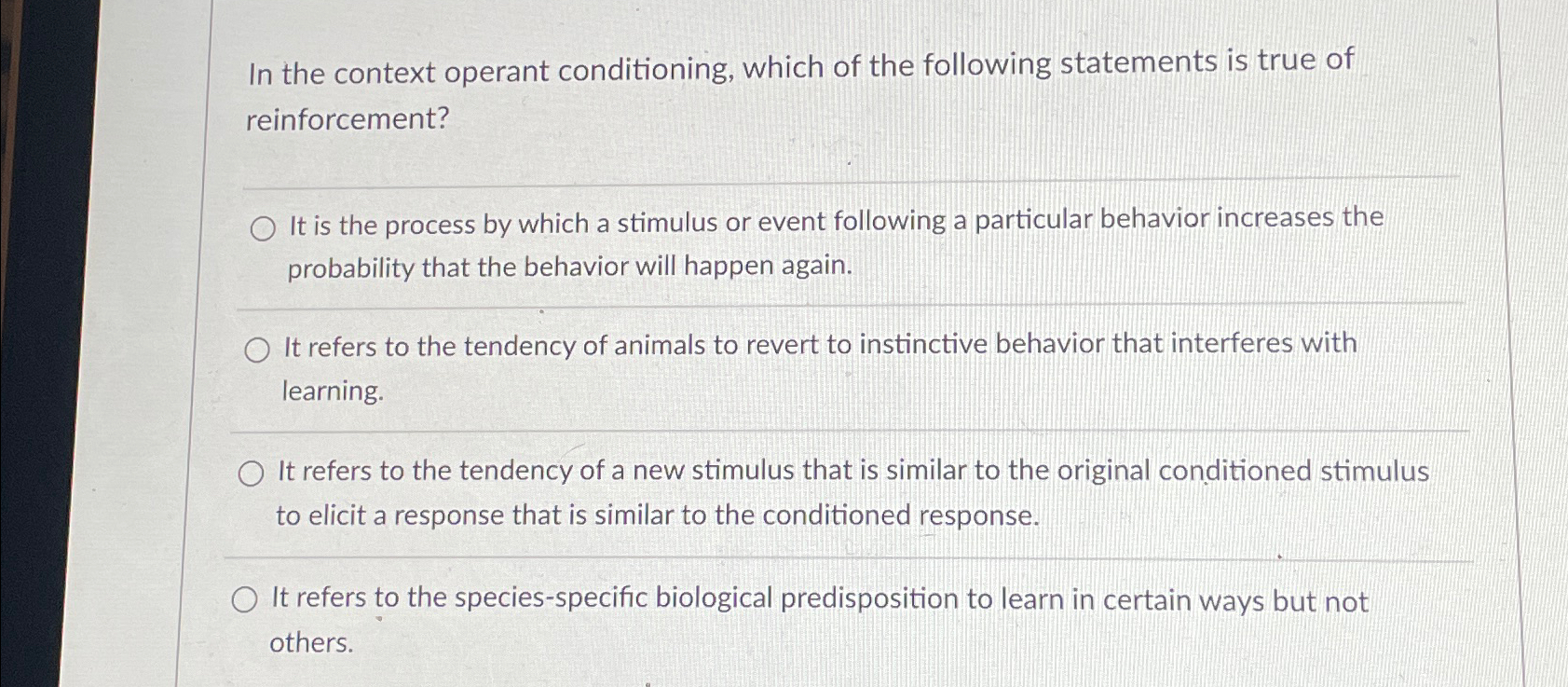 Solved In the context operant conditioning, which of the | Chegg.com