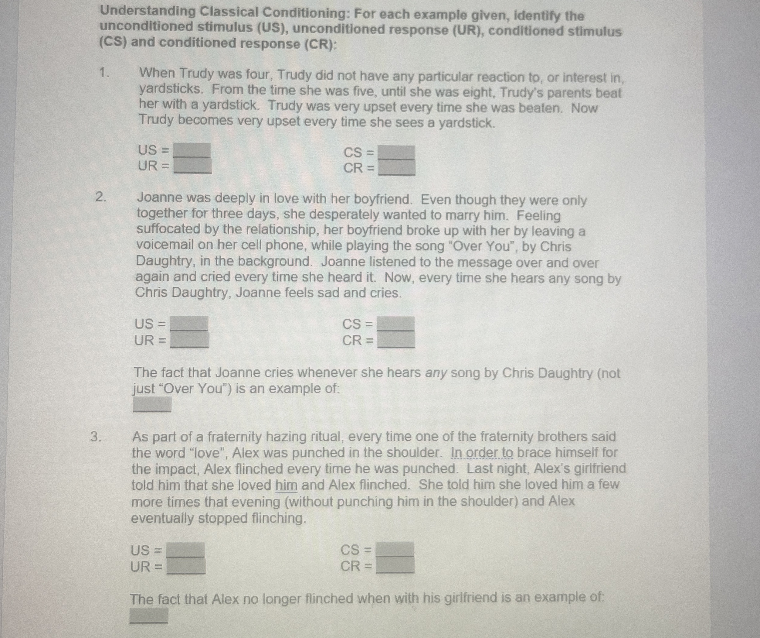Solved Understanding Classical Conditioning: For each | Chegg.com