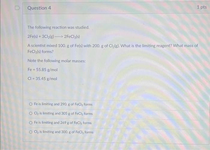 Solved The following reaction was studied. 2Fe(s)+3Cl2( | Chegg.com